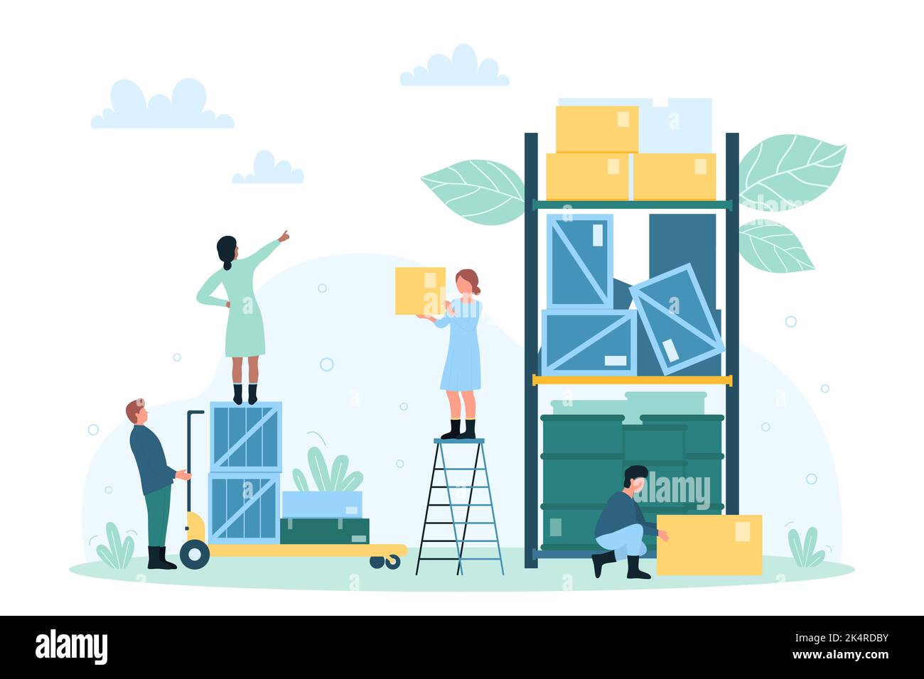 Factory warehouse and storage vector illustration. Cartoon tiny people ...