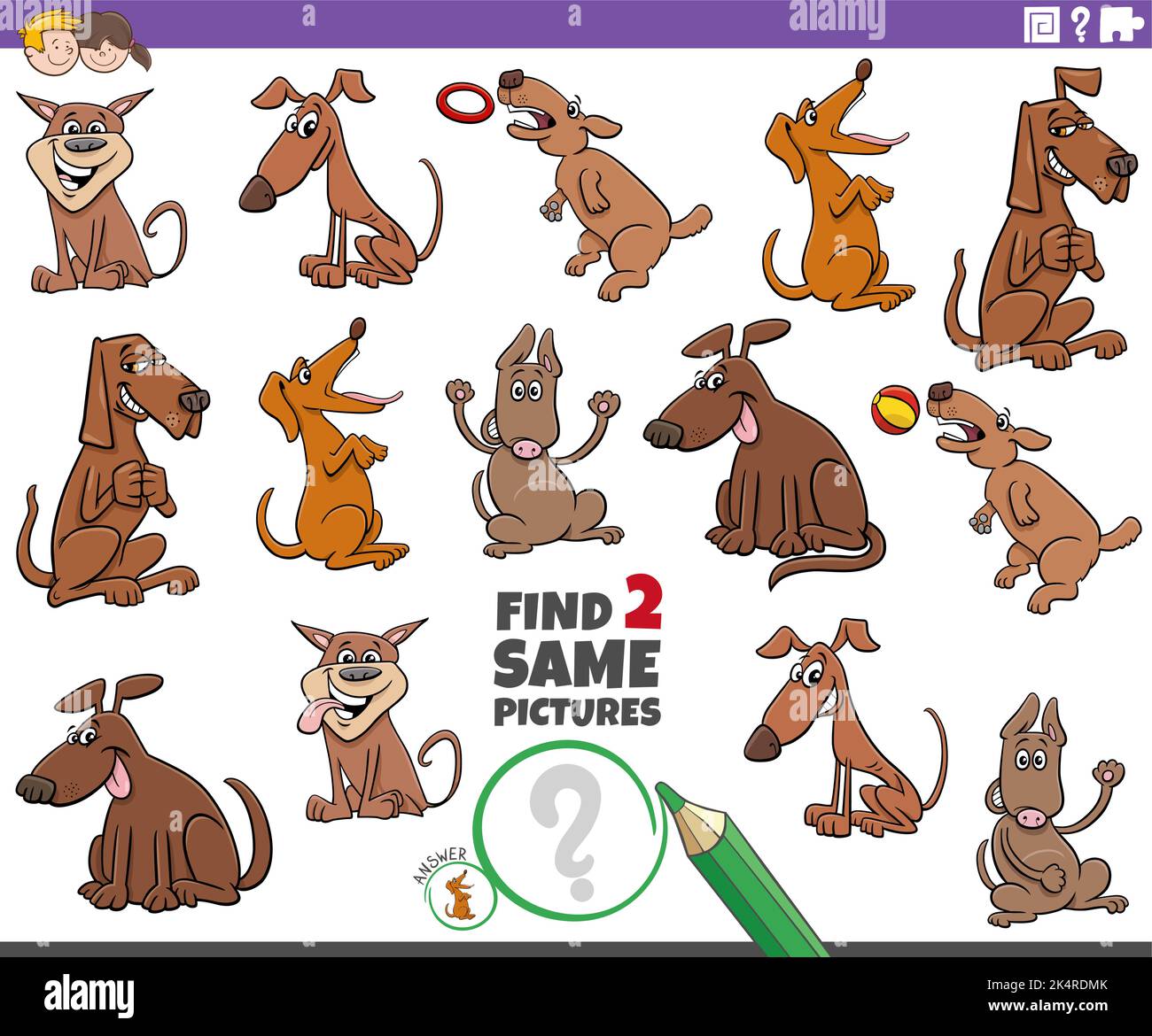Cartoon illustration of finding two same pictures educational task with ...