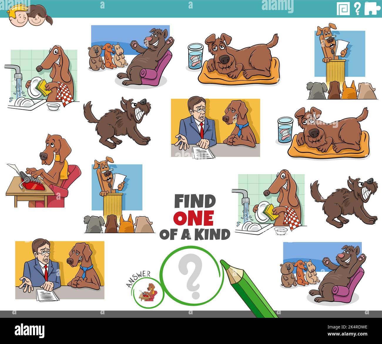 Cartoon illustration of find one of a kind picture educational task ...