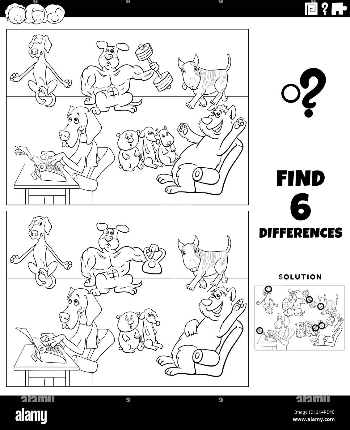 Black and white cartoon illustration of finding the differences between pictures educational ...
