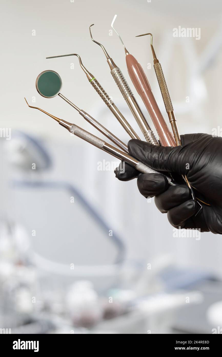 Set of composite filling instruments for dental treatment. Dental mouth ...