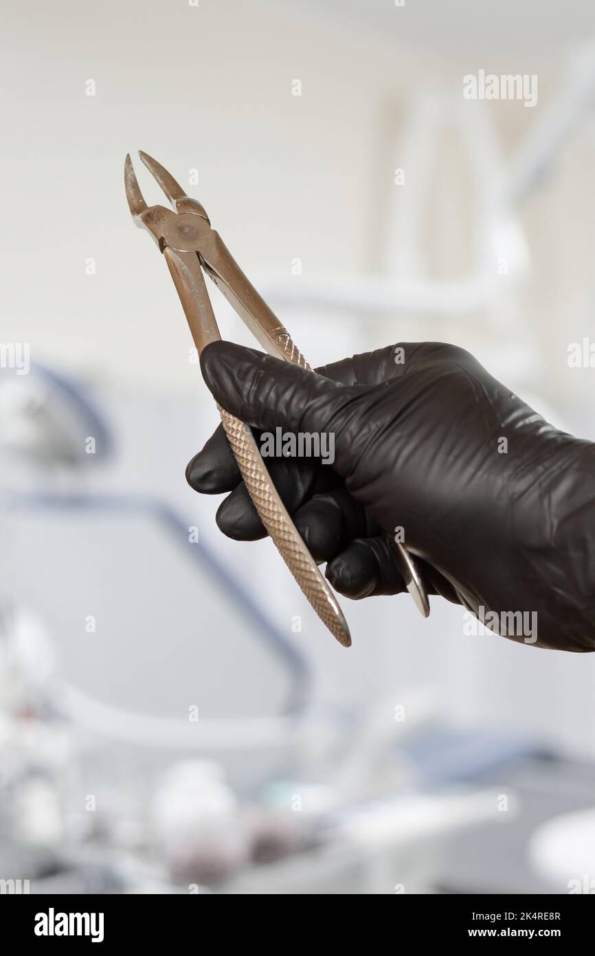 Dentist's hand in a latex glove with the stainless steel dental tongs ...
