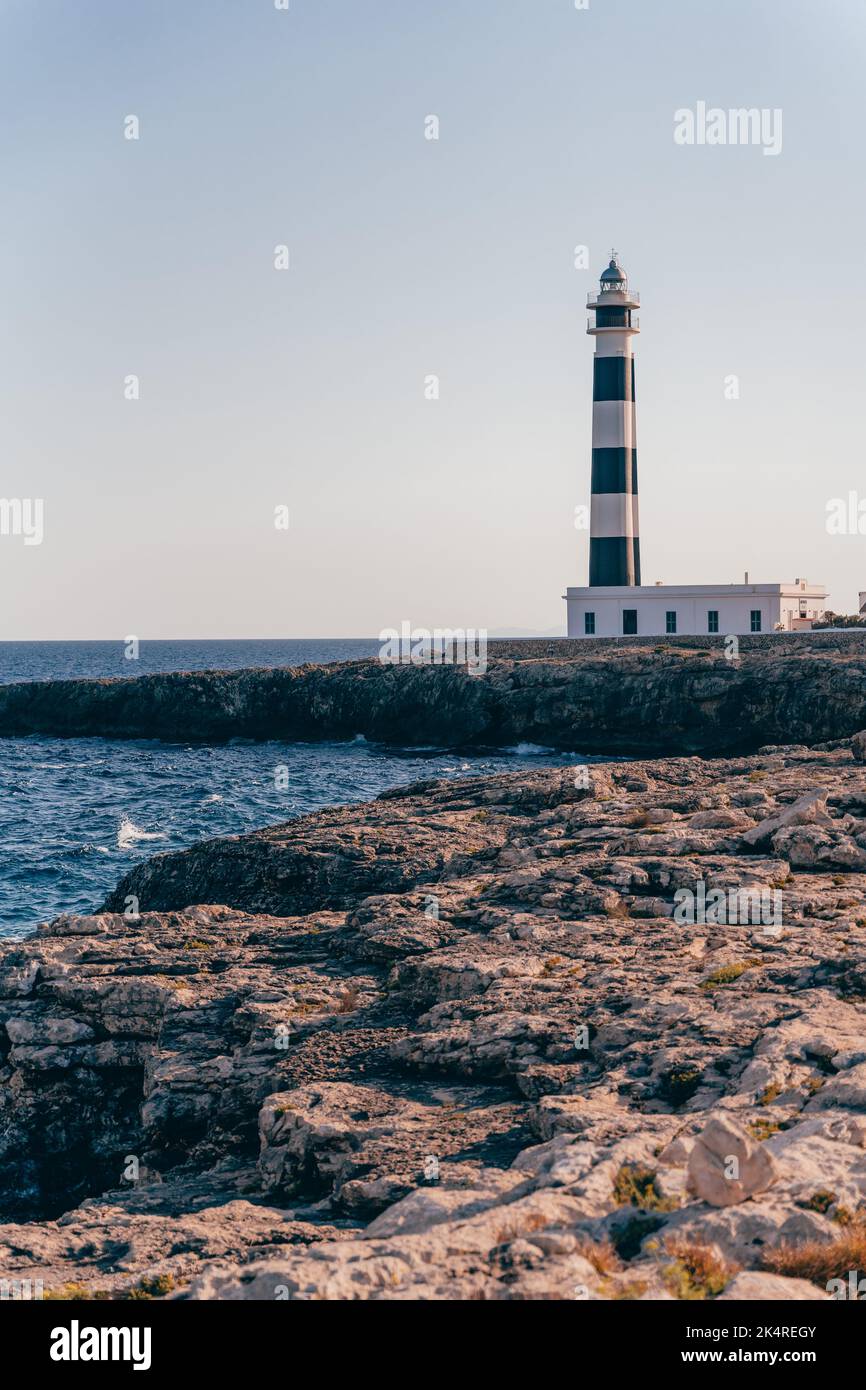 Beautiful blue white lighthouse on the Spanish island of Menorca Stock ...