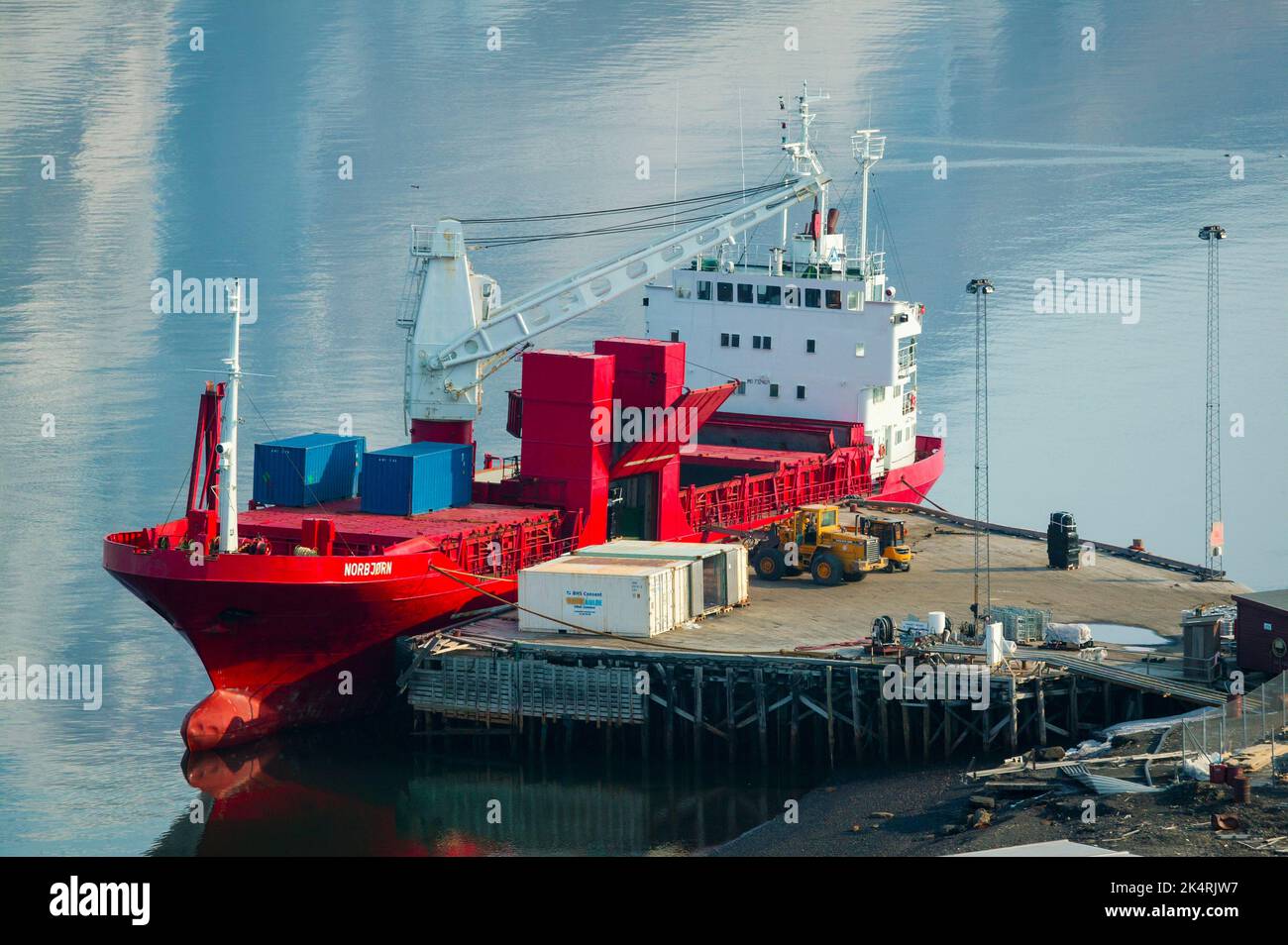 The transport vessel Norbjørn in the harbor at Longyearbyen ...