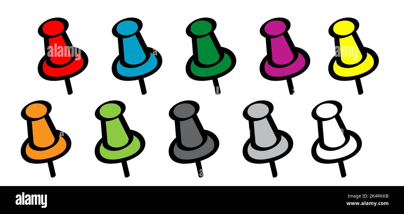 Set paper pin. Note. Vector push button icon. Cartoon, comic drawing logo. Pinned reminder for ...