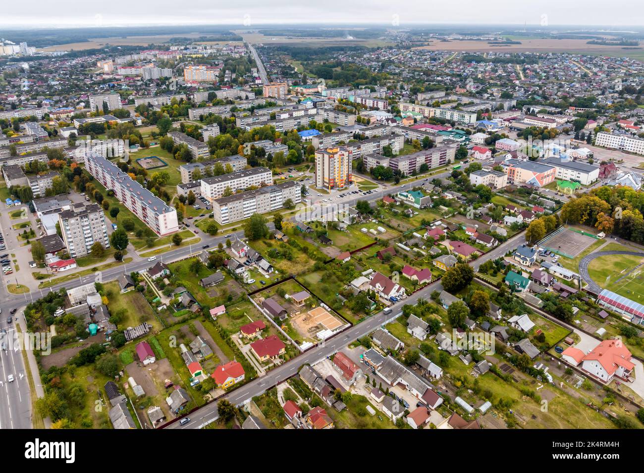 aerial panoramic view from a great height of a small provincial green ...