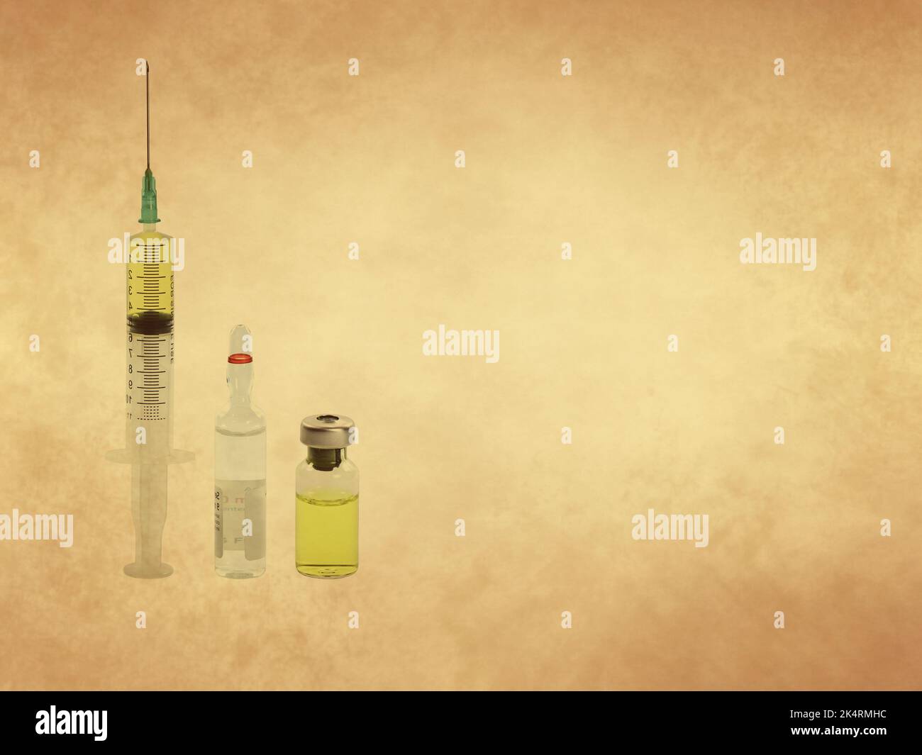 Syringe, vial and serum, injectable treatment on old paper background ...