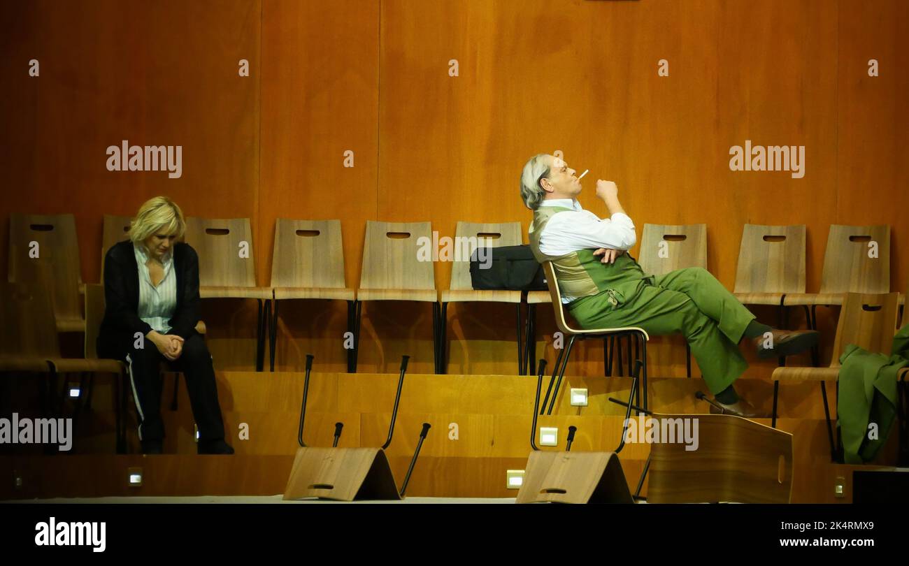 Berlin, Germany. 03rd Oct, 2022. Michael Volle (Wotan, green suit ...