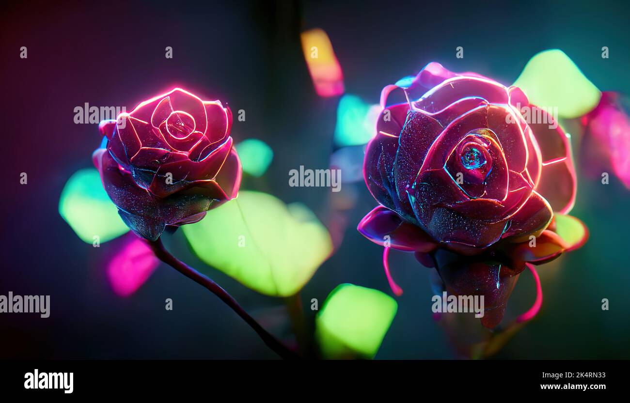 Fantasy magical dark background with magic rose flower reflection neon ...