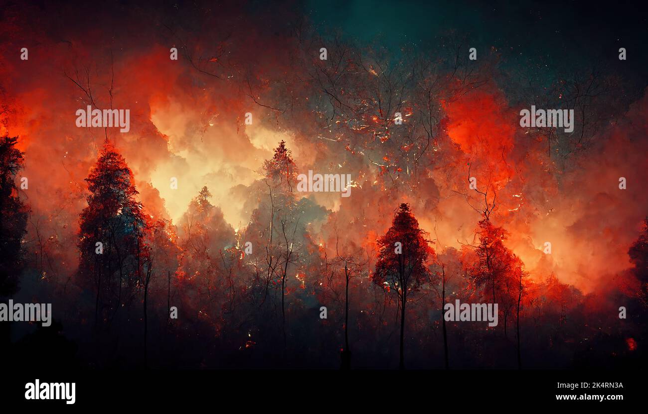 Forest tree devoured fire flames burn smoke. 3d illustration Stock ...