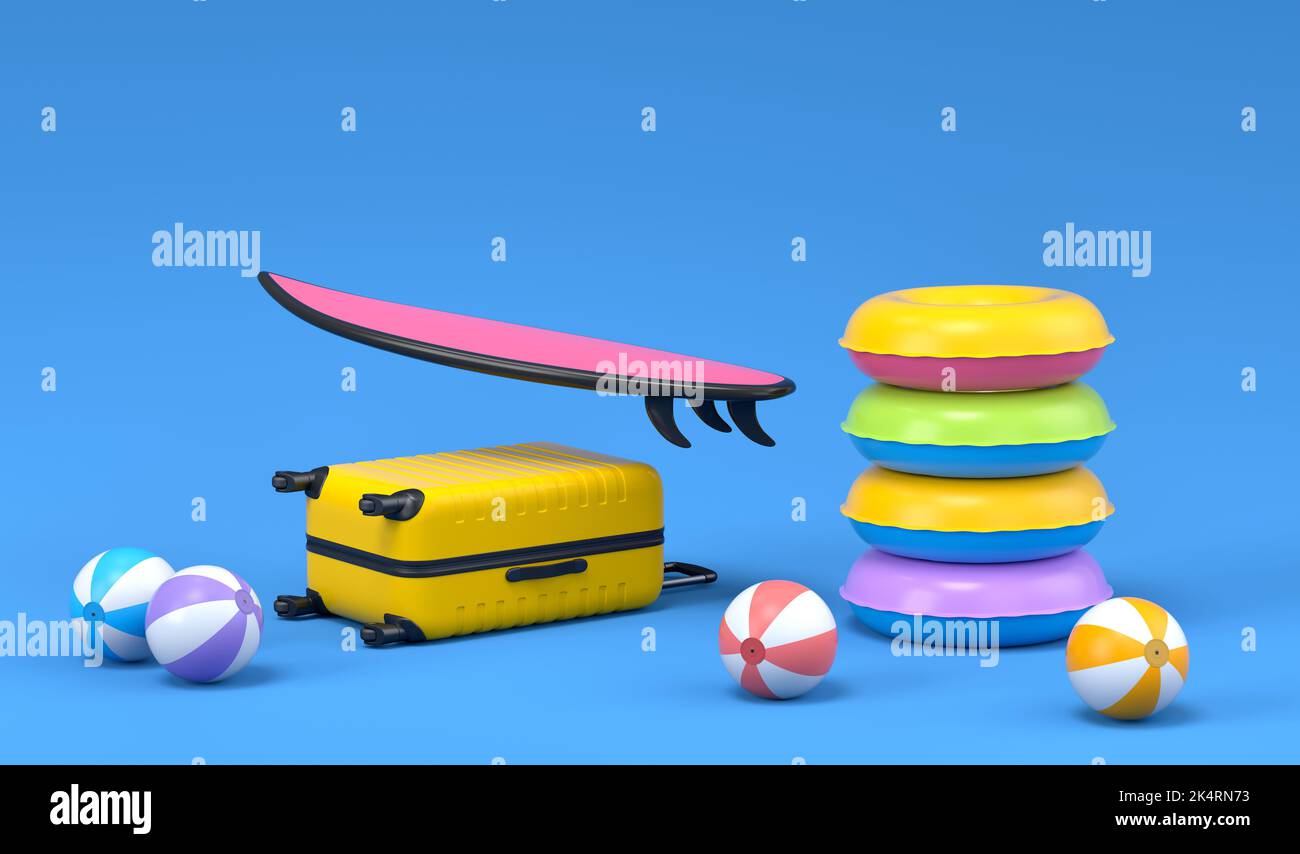 Colorful surfboard, beach rings and balls on blue background. 3D render ...
