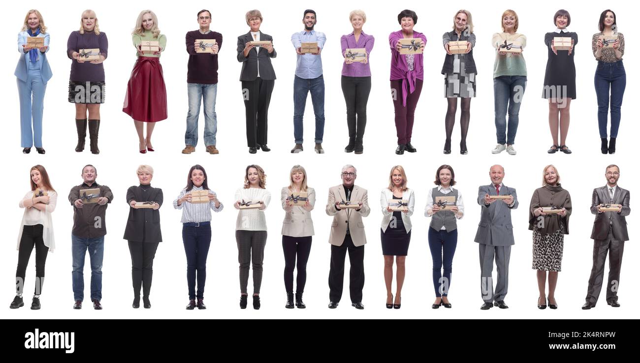 group of happy people with gifts in their hands isolated Stock Photo ...