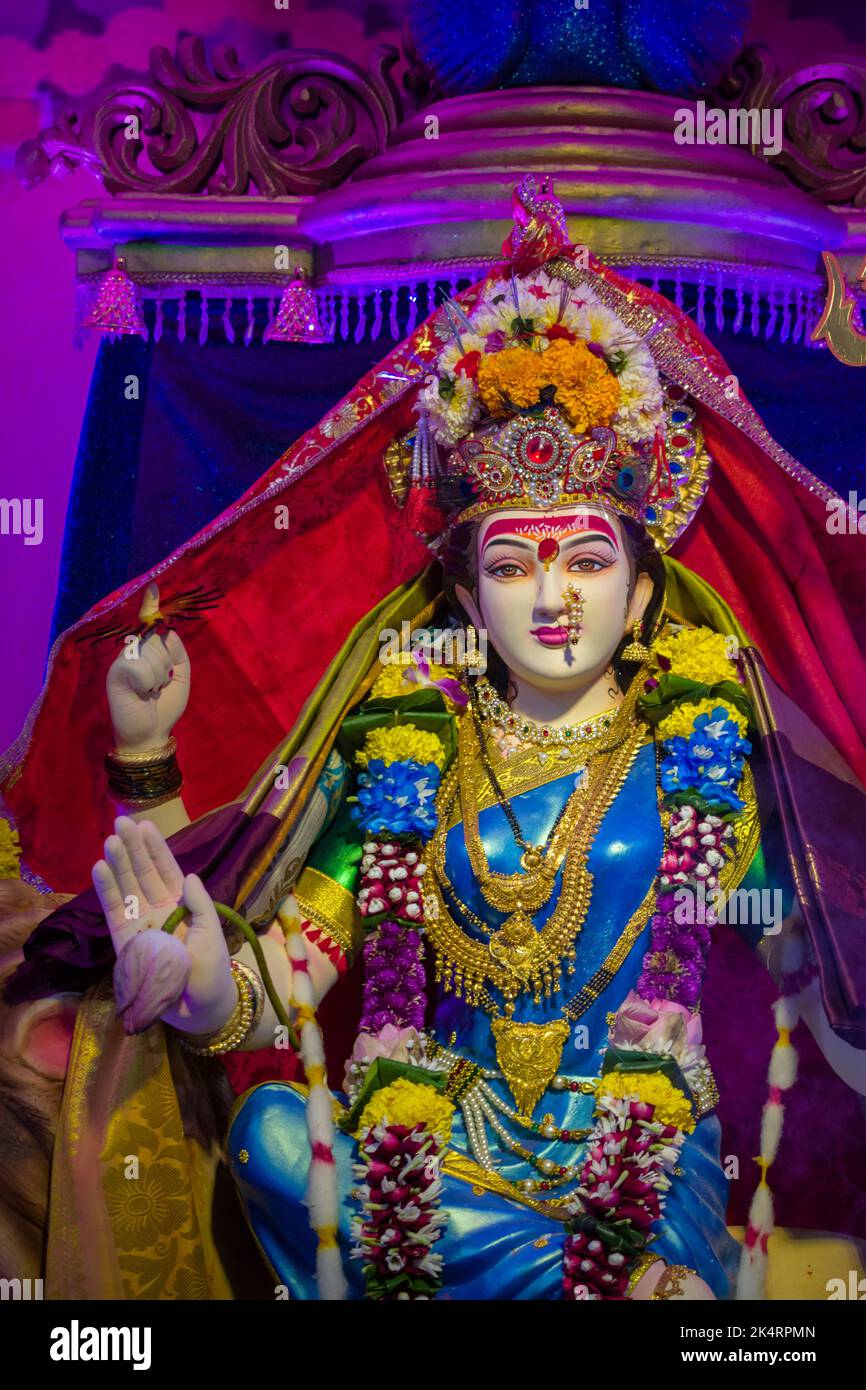 A beautiful idol of Maa Durga being worshipped at a mandal in Mumbai ...