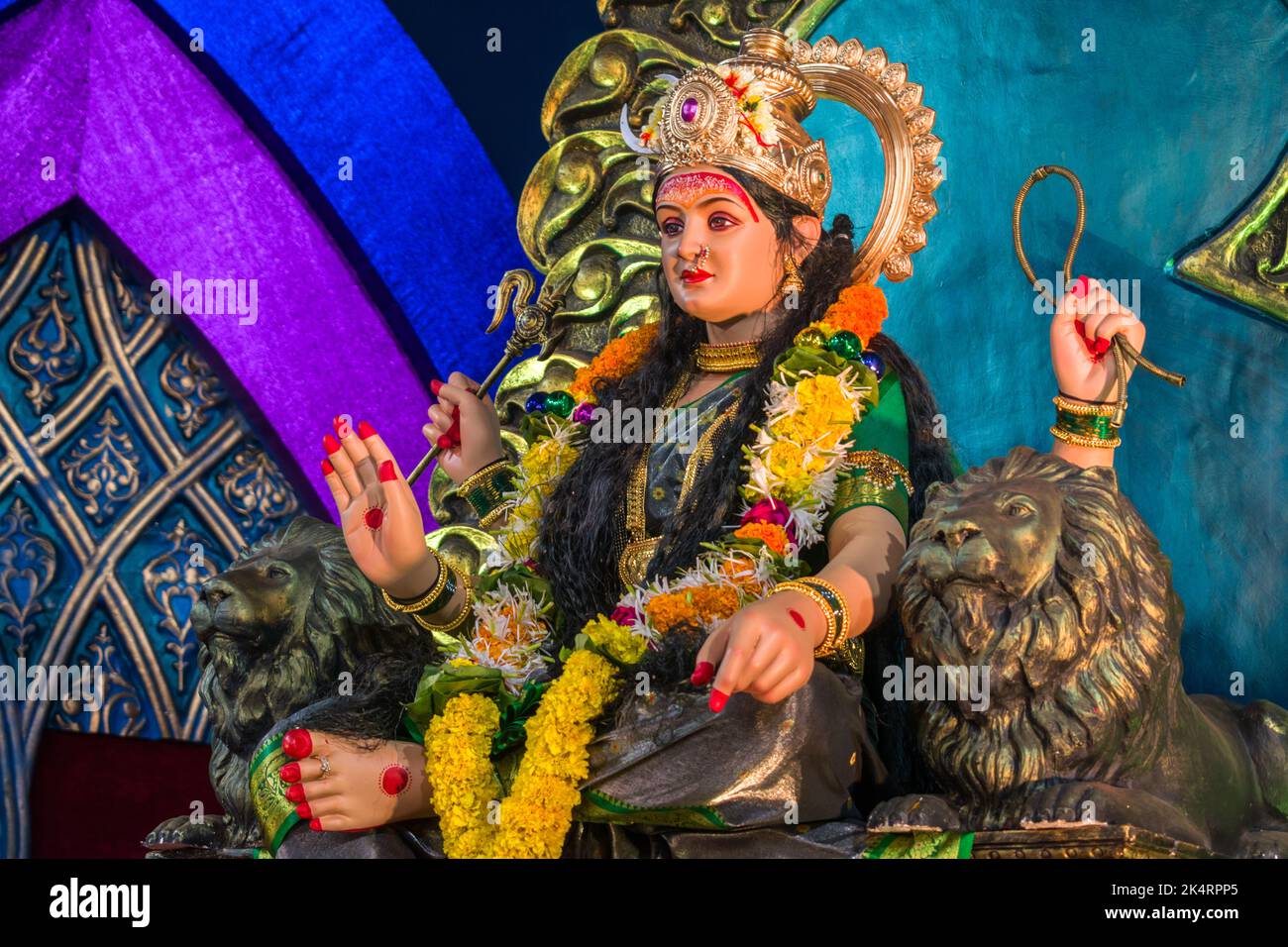 A beautiful idol of Maa Durga being worshipped at a mandal in Mumbai ...