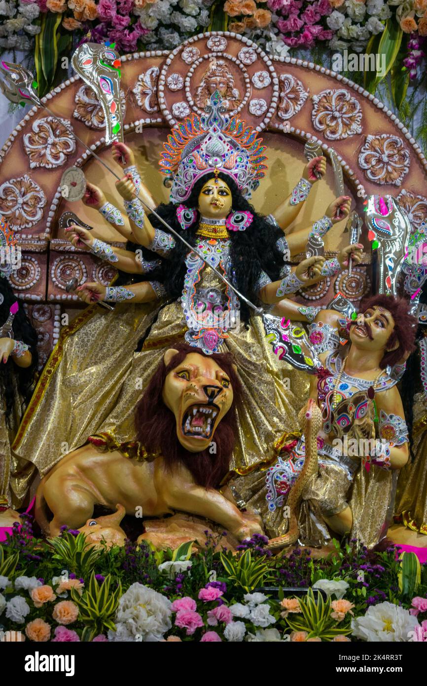 A beautiful idol of Maa Durga being worshipped at a mandal in Mumbai ...