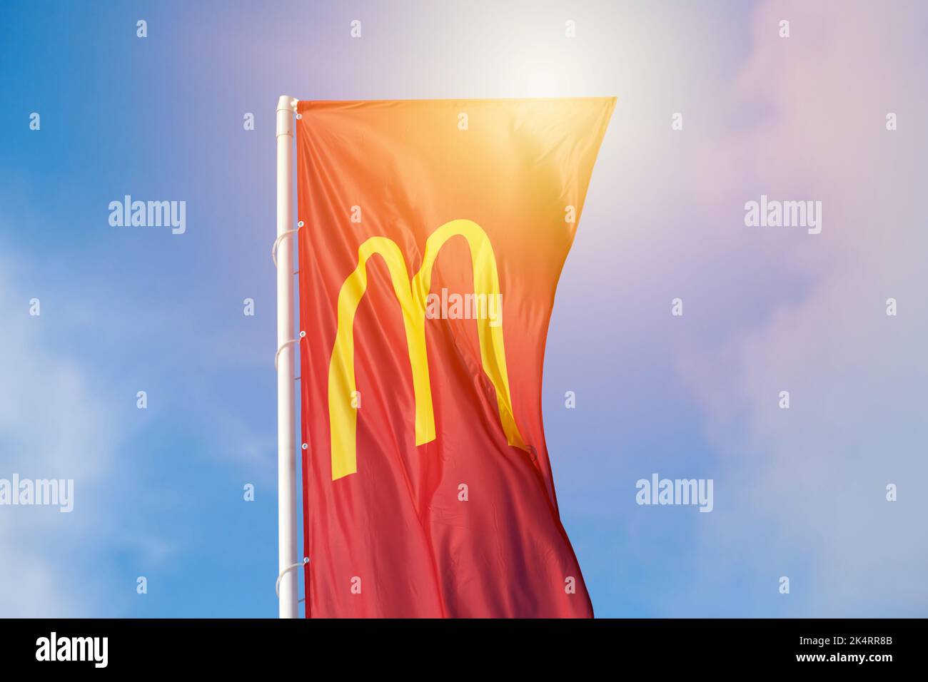 Rostov on Don, Russia - 02.21.2022 - McDonalds red flag with logo of ...