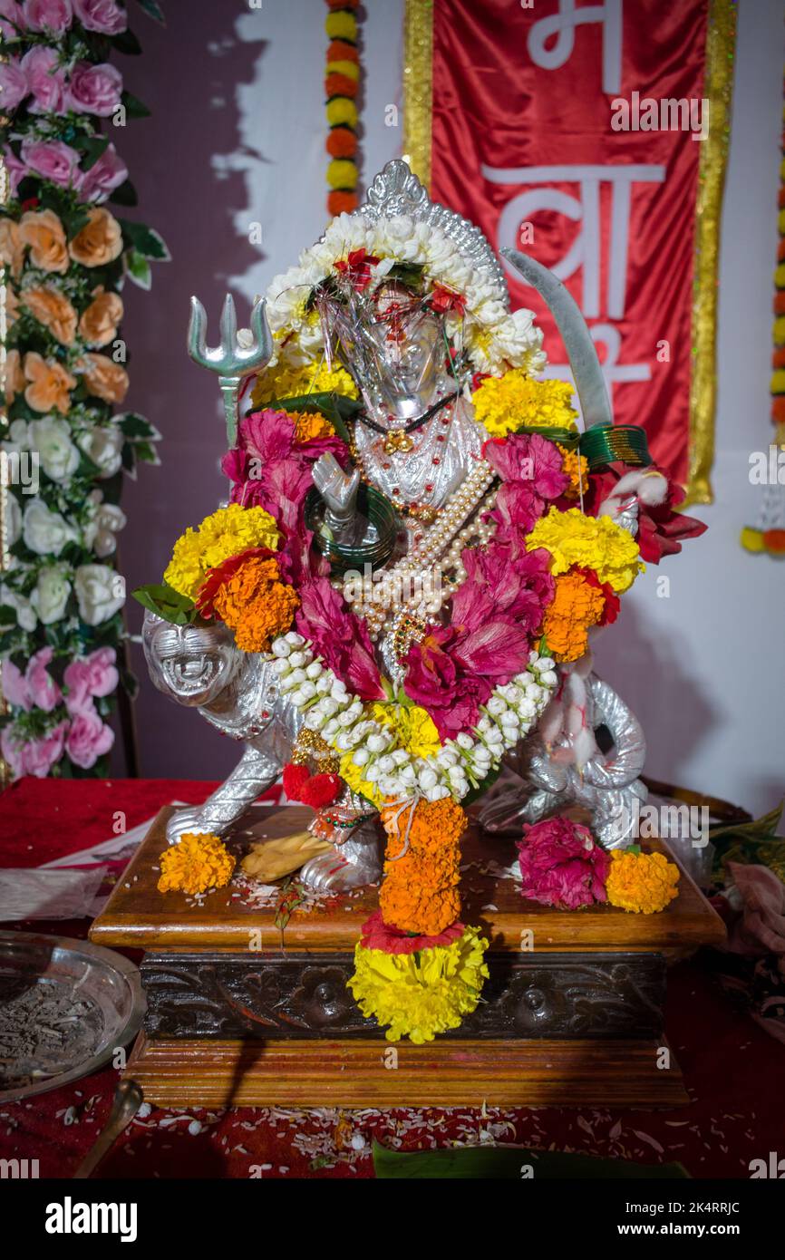 A beautiful idol of Maa Durga being worshipped at a mandal in Mumbai ...