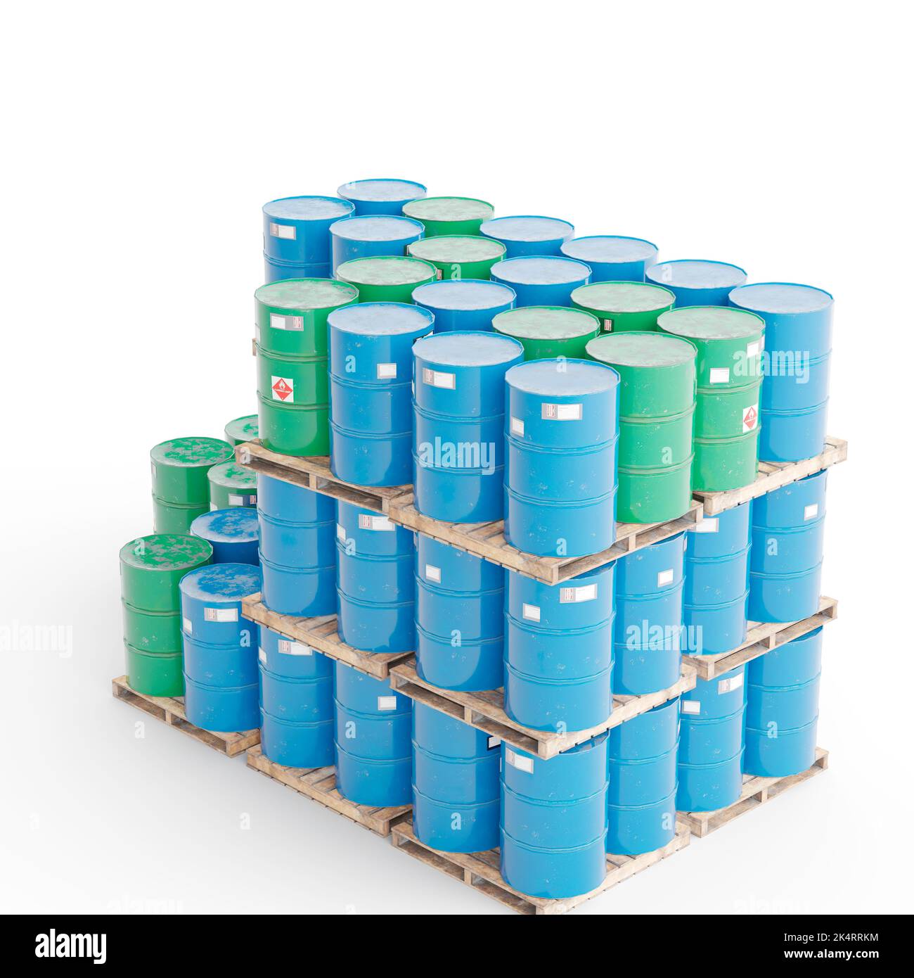 The blue and green metal barrels isolated on a white background Stock ...