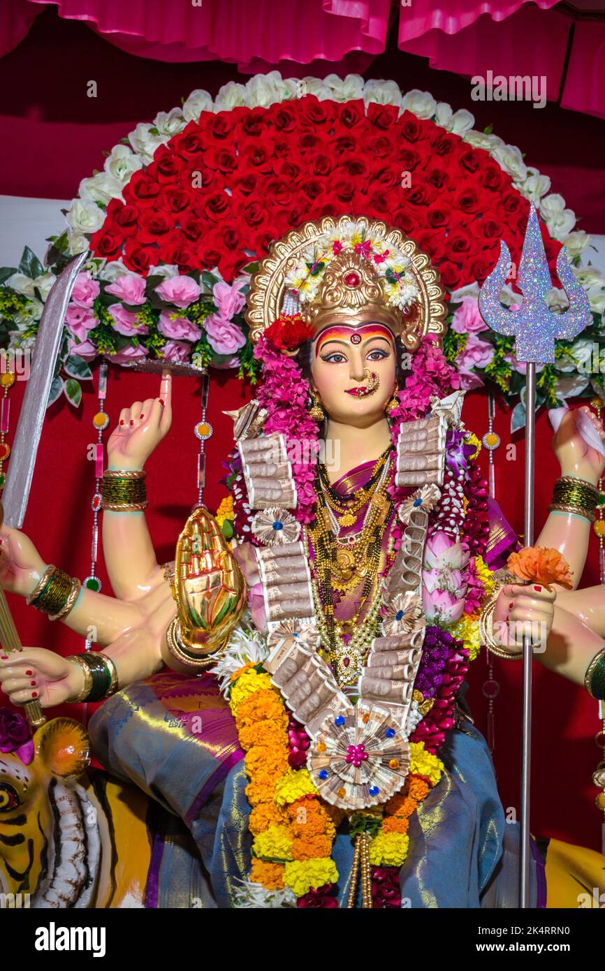 A beautiful idol of Maa Durga being worshipped at a mandal in Mumbai ...