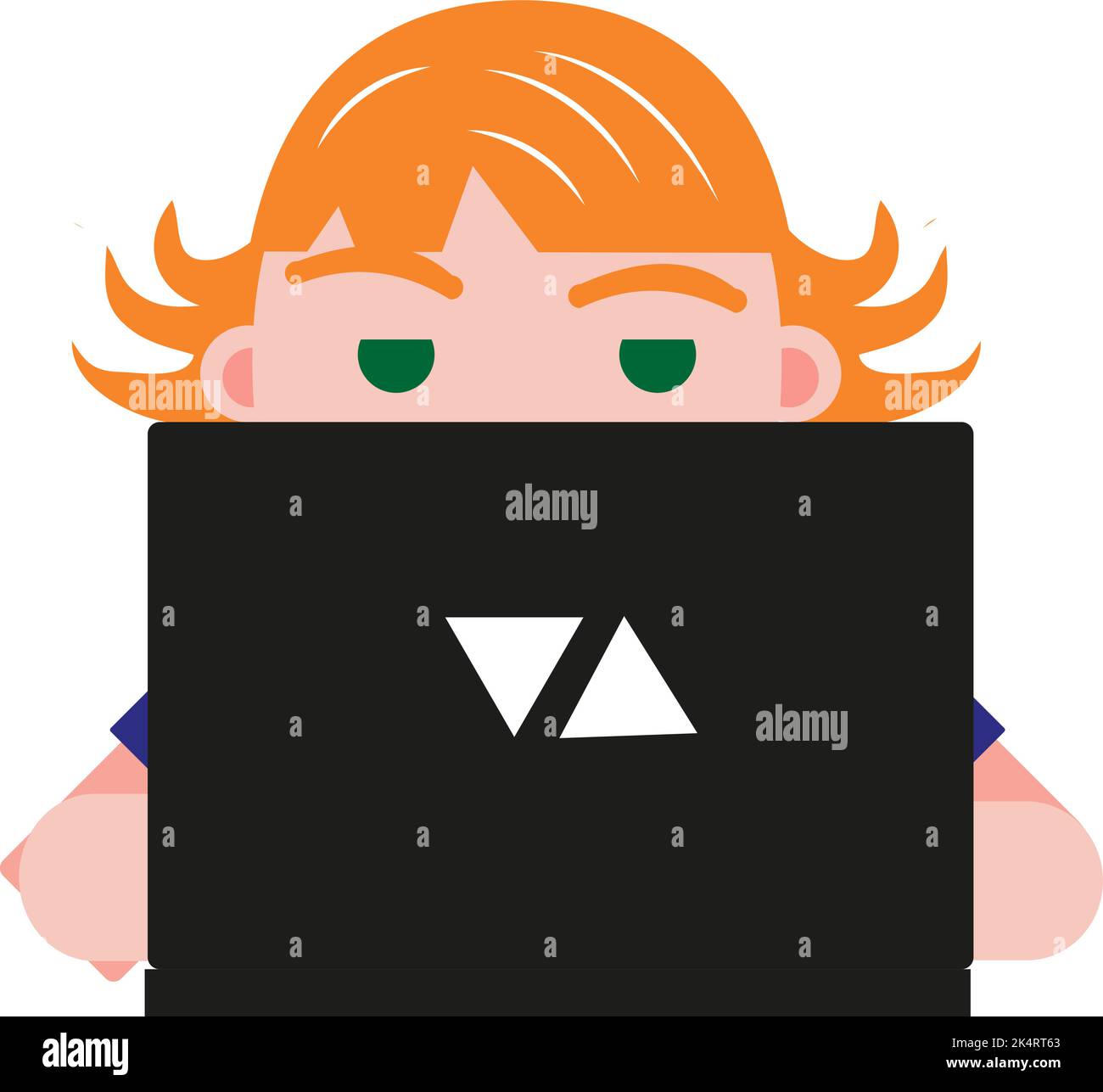 Ginger haired girl with black laptop, illustration, vector on a white ...