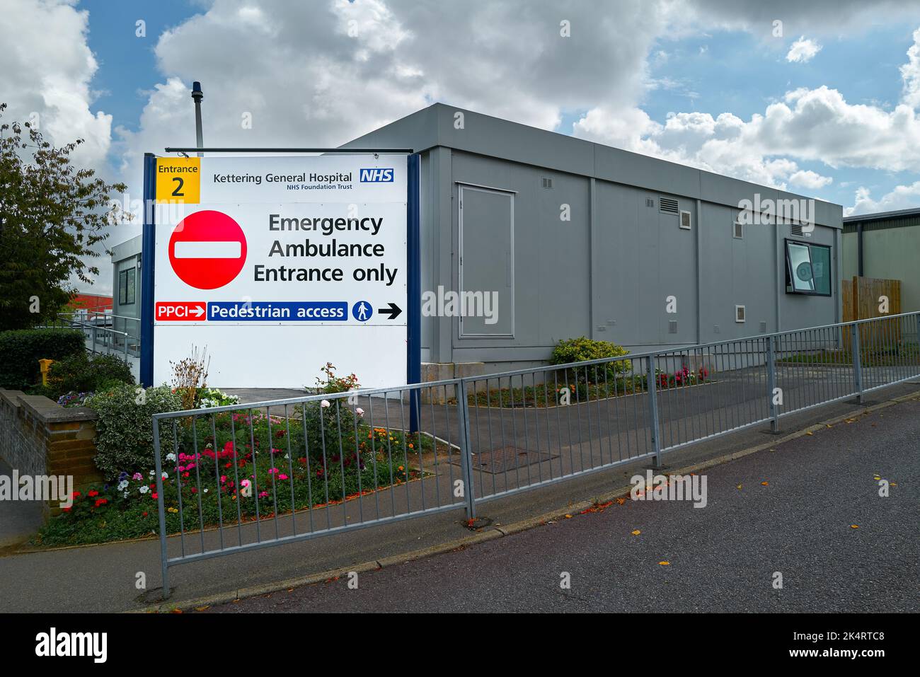 Emergency ambulance entrance to the NHS general hospital at Kettering ...
