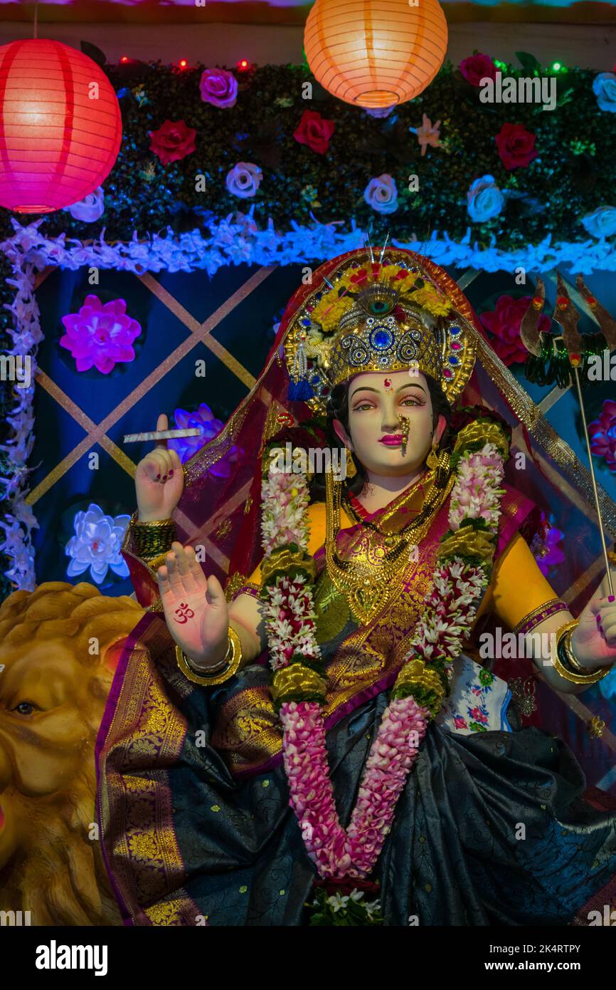 A beautiful idol of Maa Durga being worshipped at a mandal in Mumbai ...