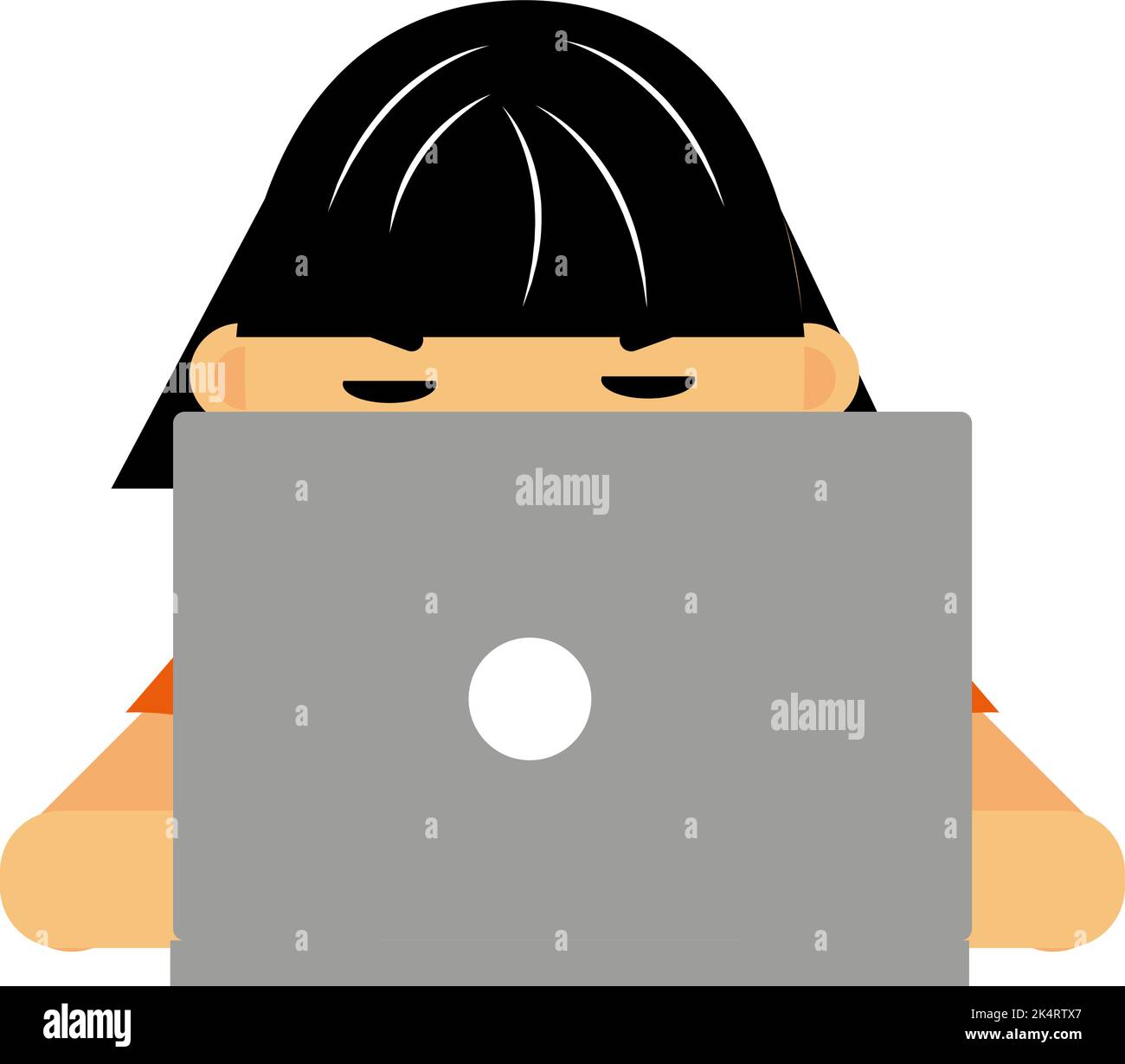 Black haired girl with grey laptop, illustration, vector on a white ...