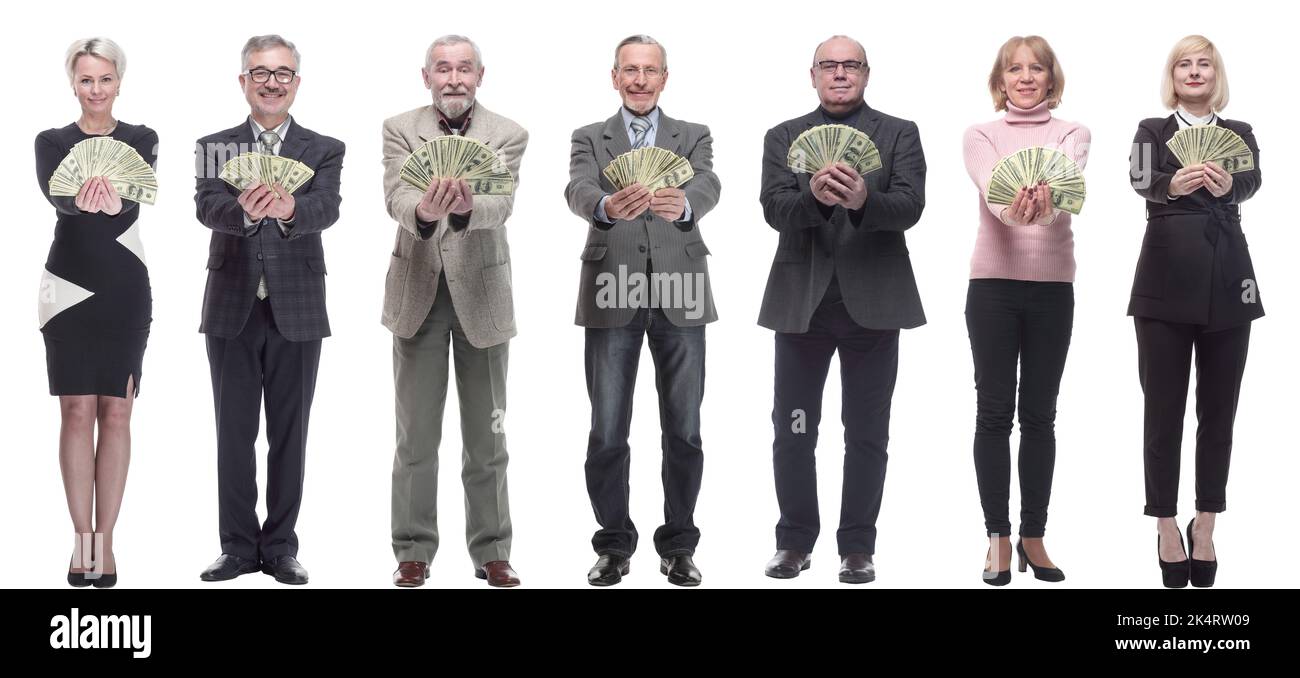 group of successful people with money in their hands looking at the ...