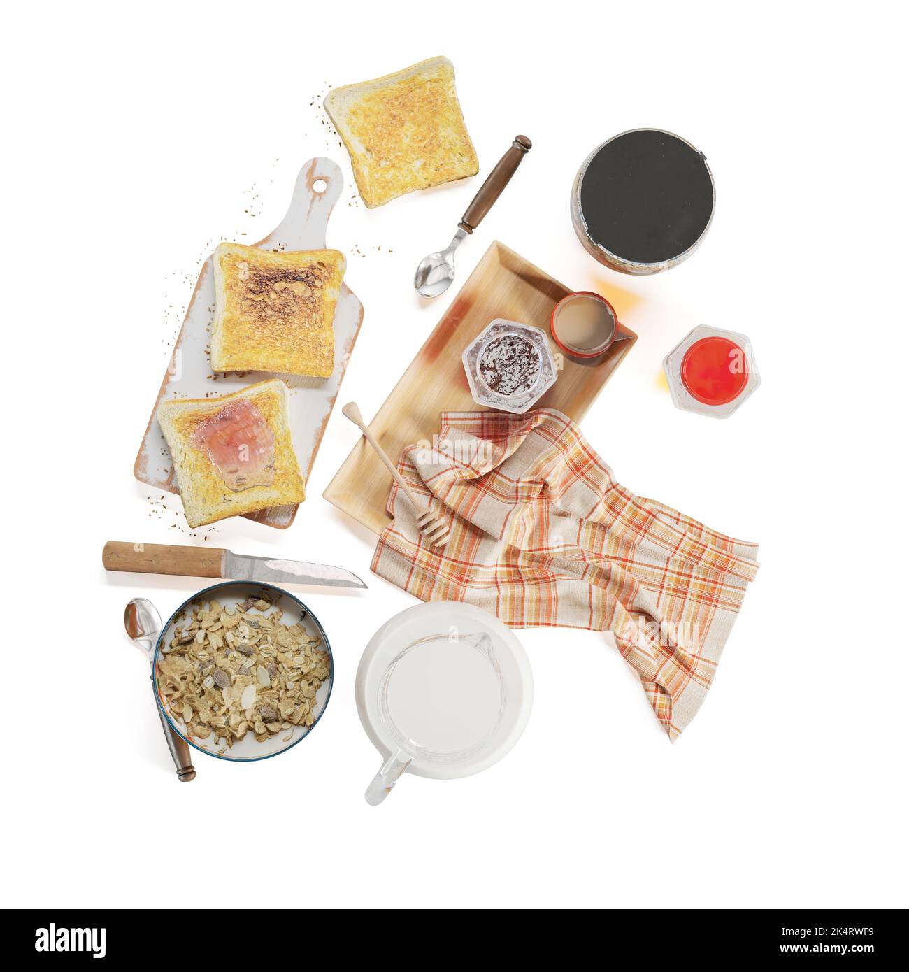 A top view of breakfast meals isolated on a white background Stock ...
