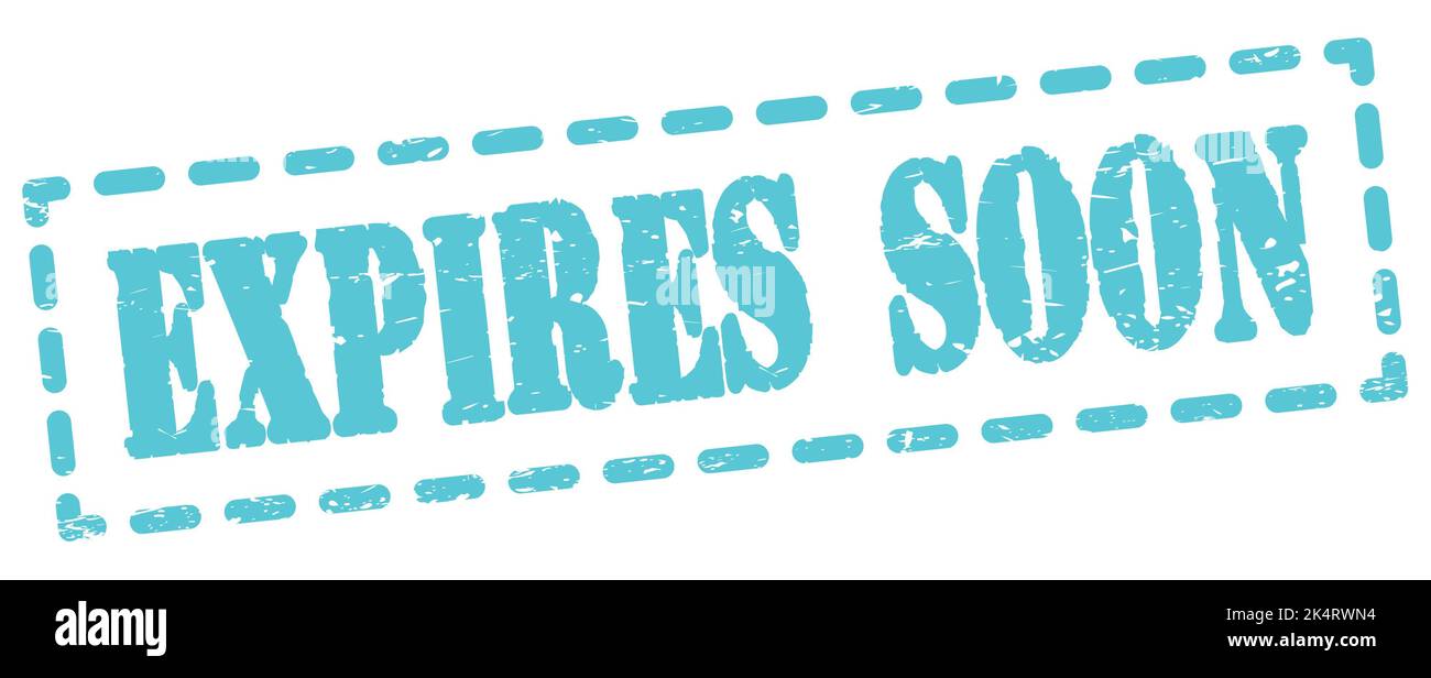 EXPIRES SOON text written on blue dash stamp sign Stock Photo - Alamy