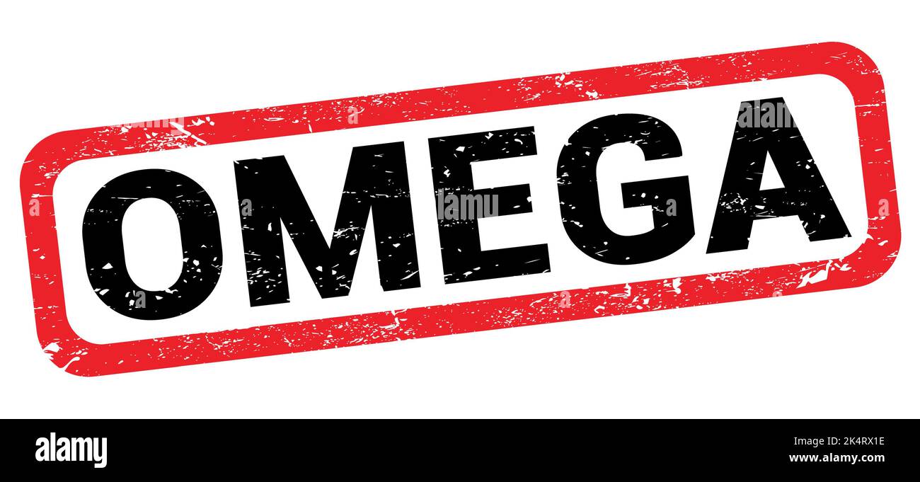 OMEGA text written on red-black rectangle stamp sign Stock Photo - Alamy