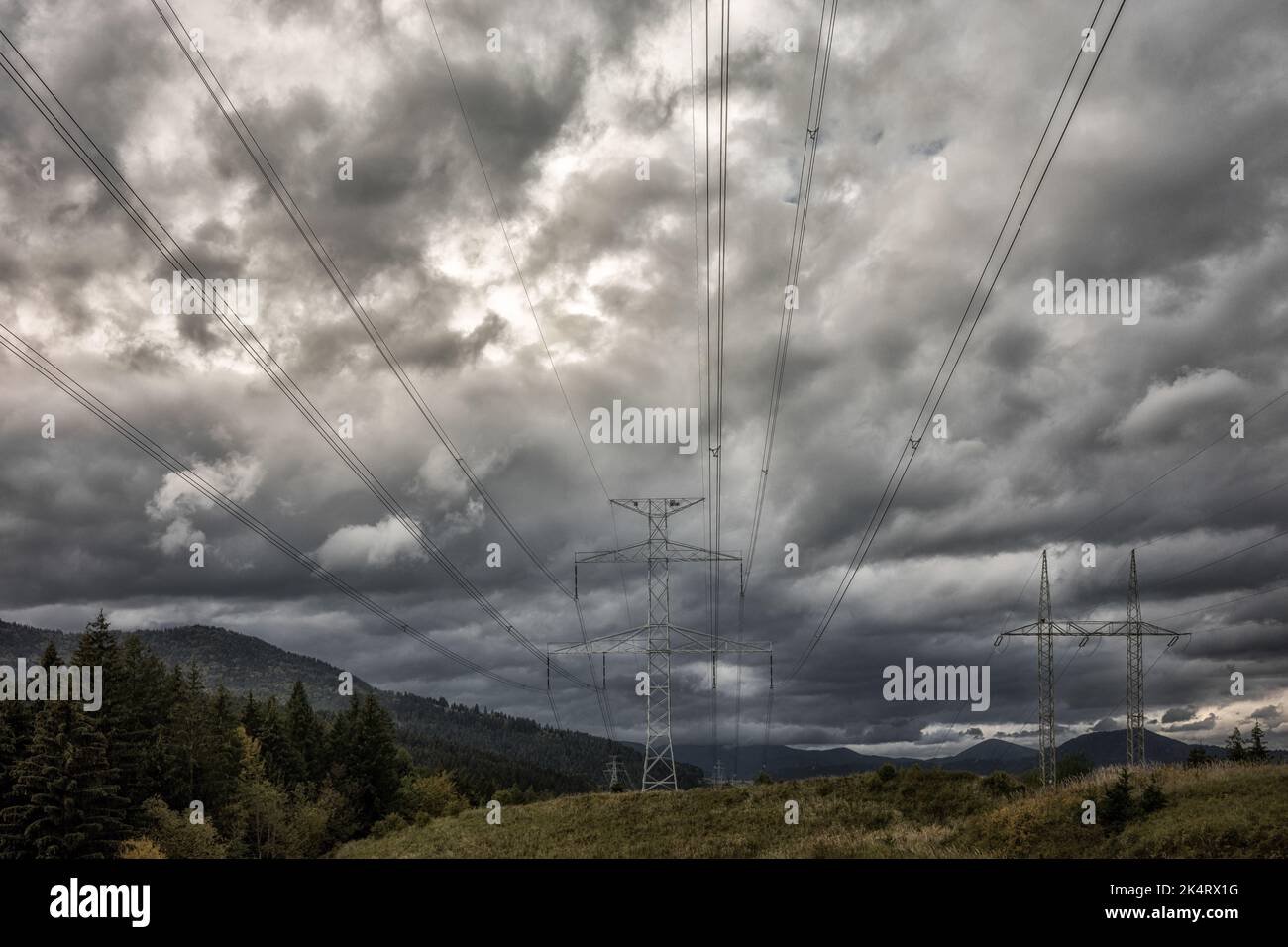 High voltage towers with electricity transmission power lines in ...