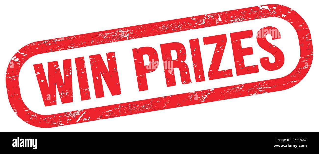 WIN PRIZES, text on red rectangle stamp sign Stock Photo - Alamy