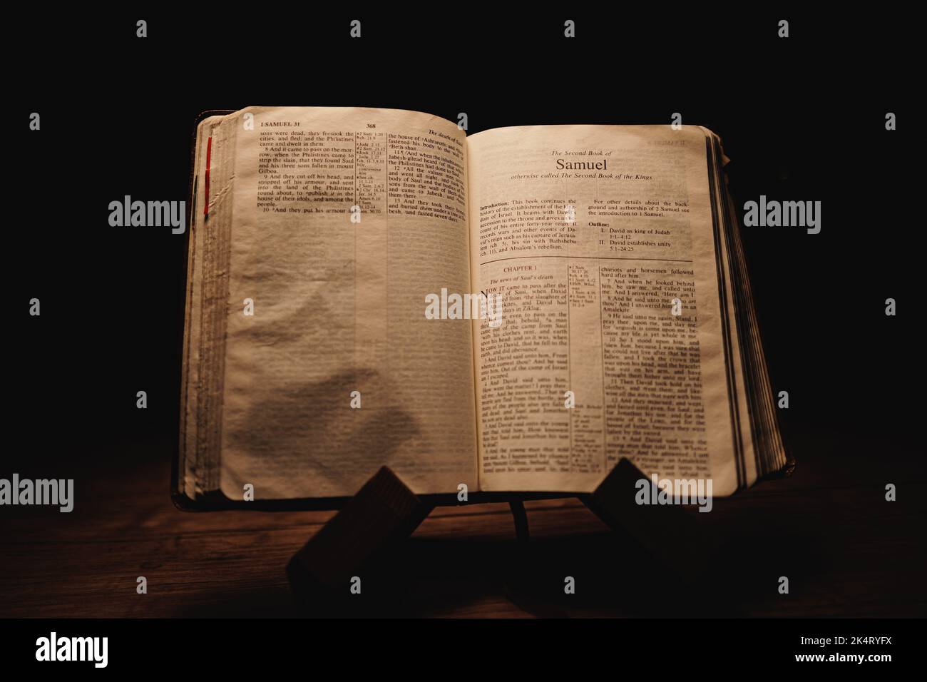 A closeup shot of a historic old Bible open on the Samuel pages on ...