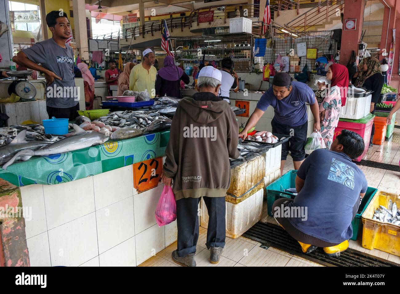 Marang, Malaysia - October 2022: Detail of a fish stall in the Marang ...