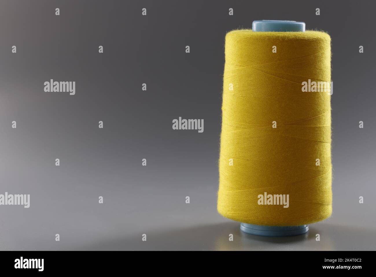 Big yellow bobbin of thin threads on a gray background Stock Photo - Alamy