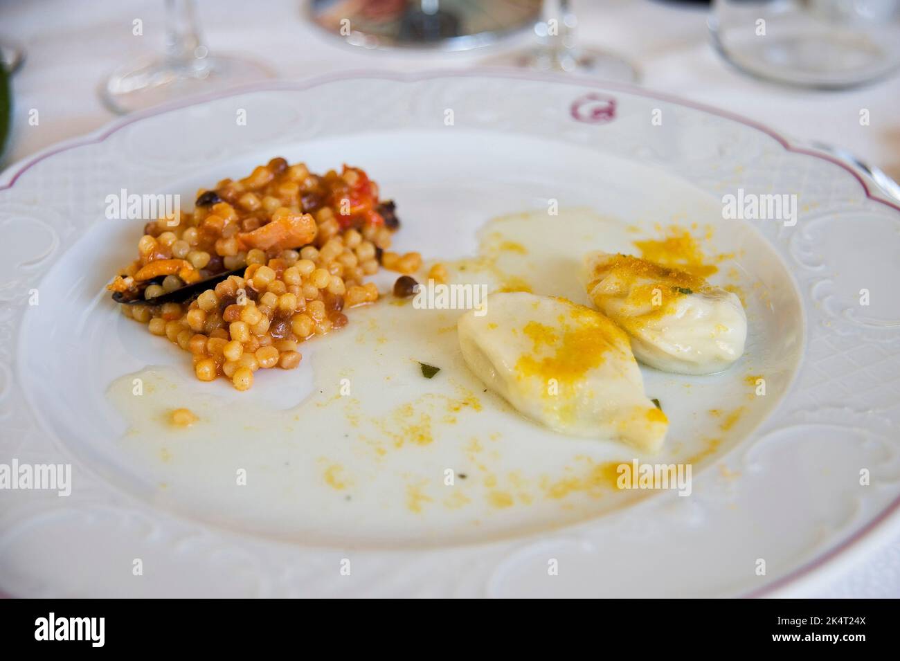 Fregula with Saut ed Seafood and Culurgiones of Potatoes With Bottarga ...