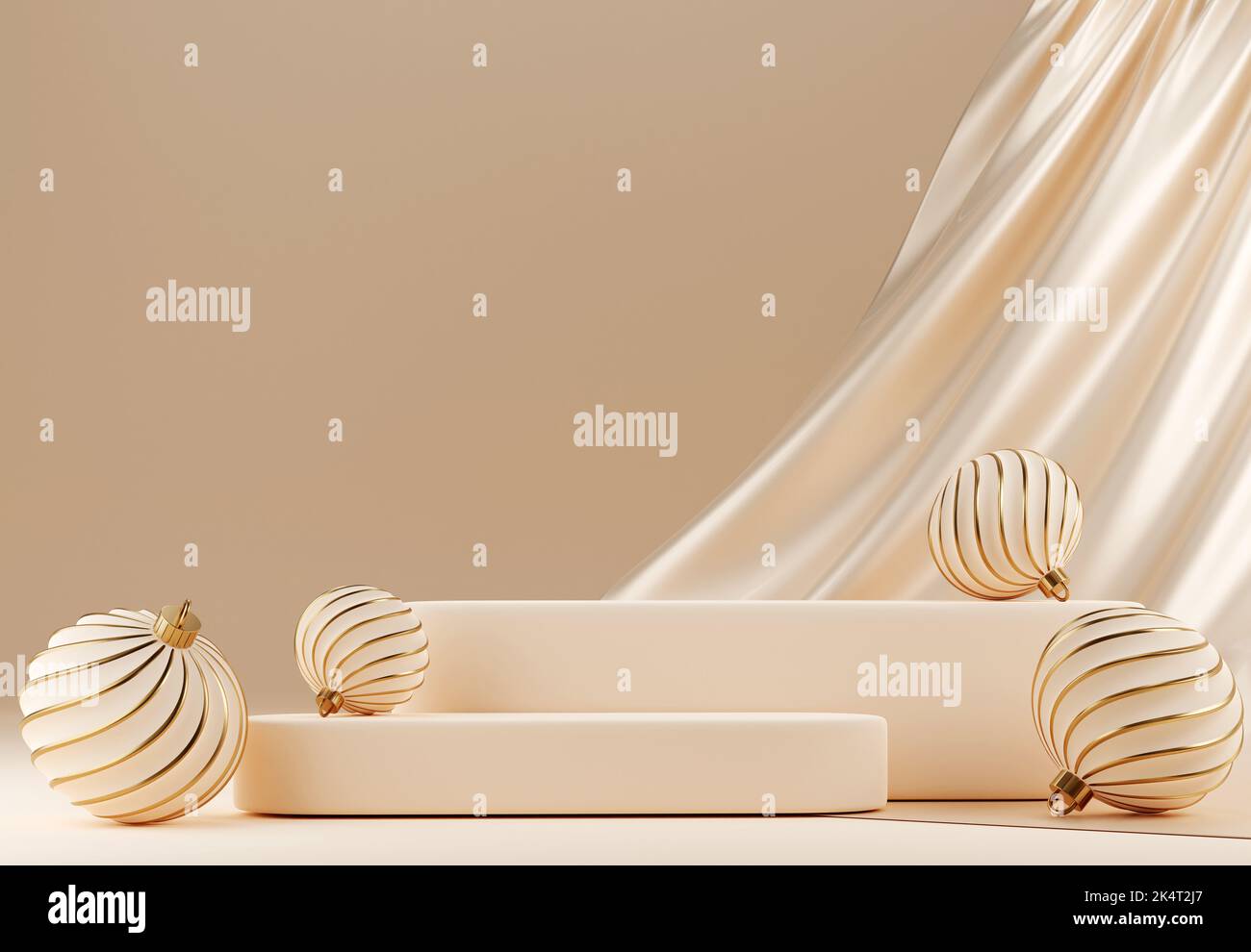 3D abstract Christmas light background with beige Christmas ornaments ...