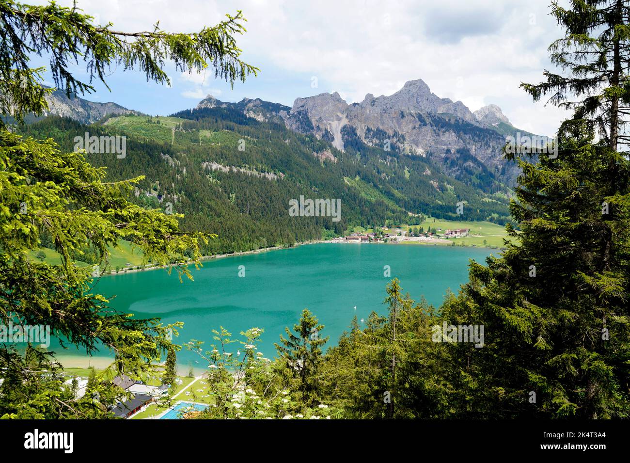 scenic emerald-green alpine lake Haldensee surrounded by lush green ...