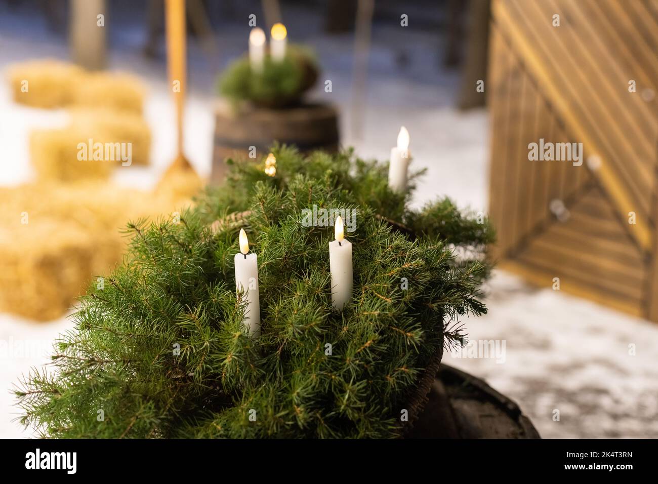 Place table setting for Christmas white table with decor elements with ...