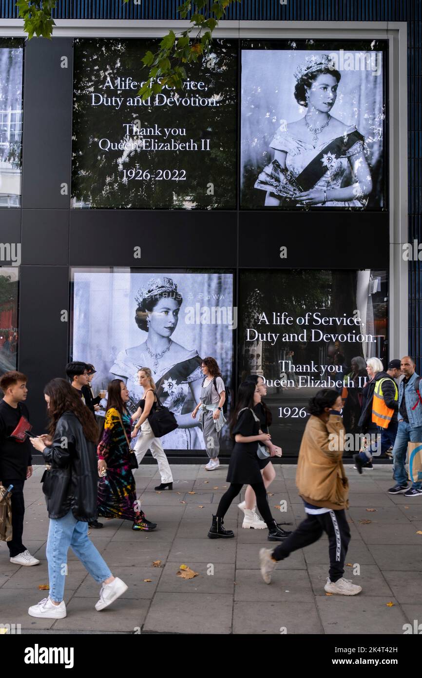 With advertising suspended black and white images of Queen Elizabeth II ...