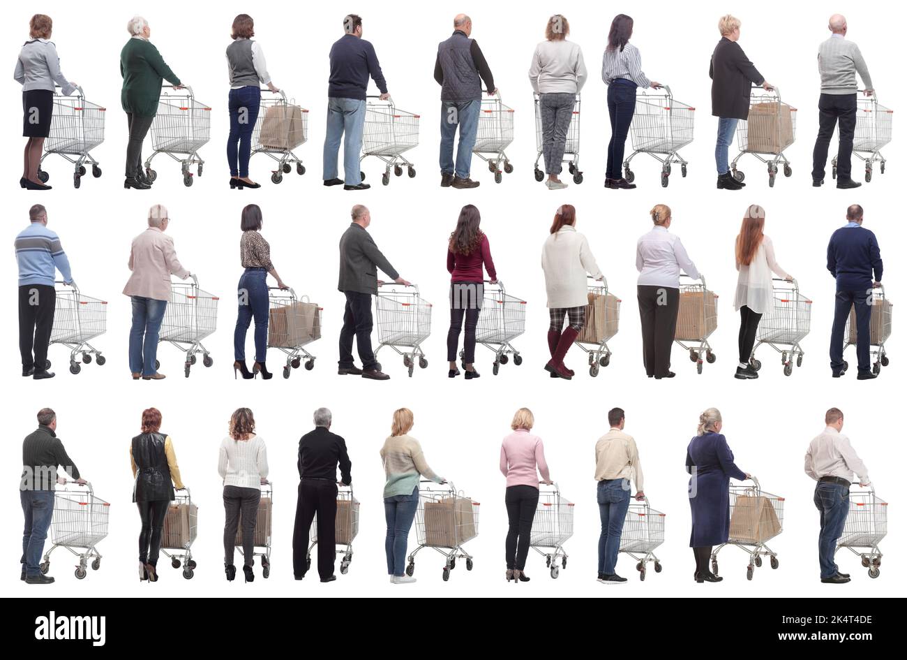 a group of people with a cart stand with their backs isolated Stock ...