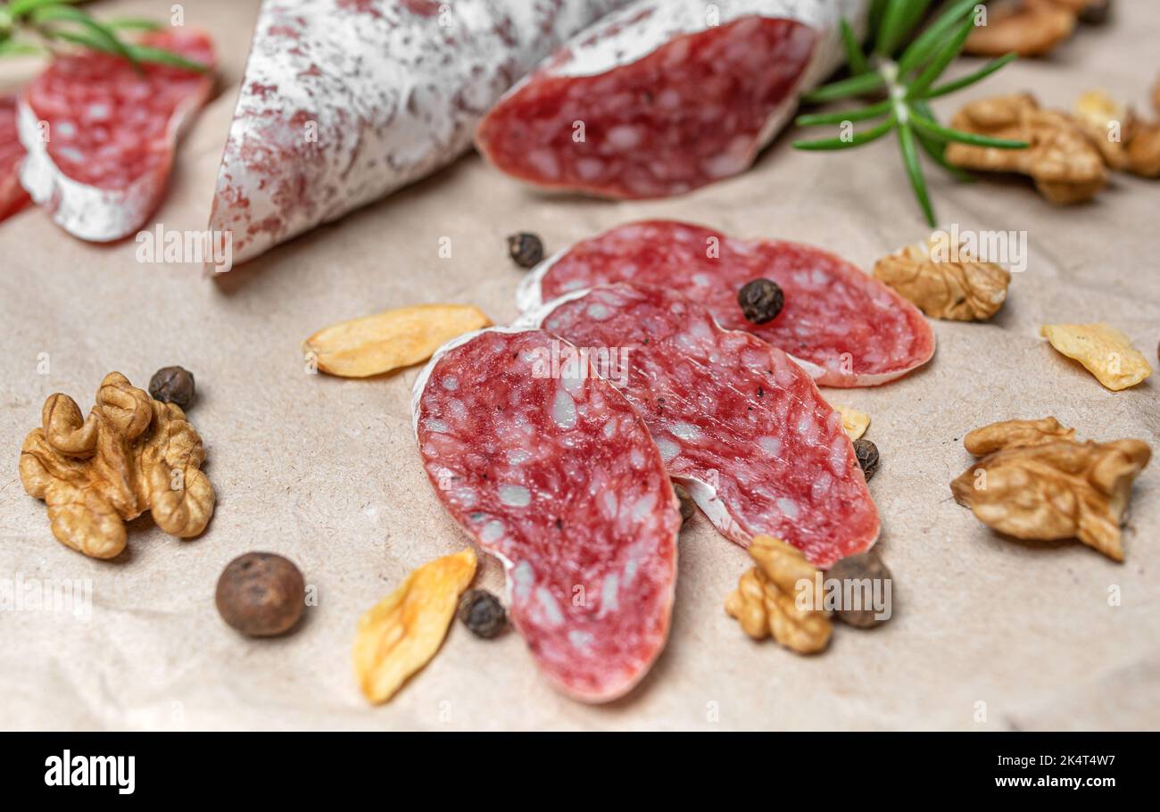 Salami sausage cut into appetizing slices Stock Photo - Alamy Salami sausage cut into appetizing slices Stock Photo - Alamy