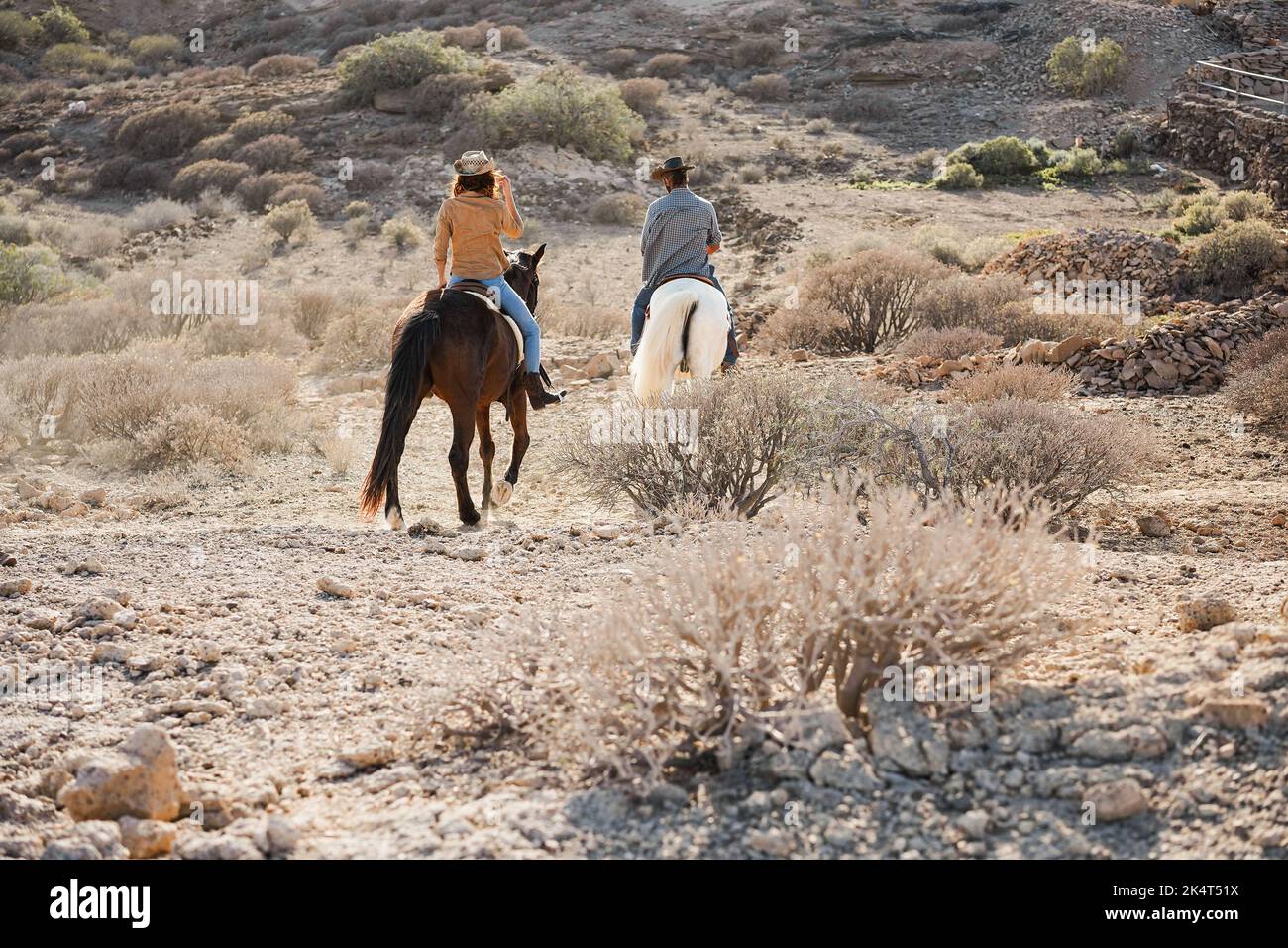 Young people riding horses doing excursion at sunset - Focus on woman ...