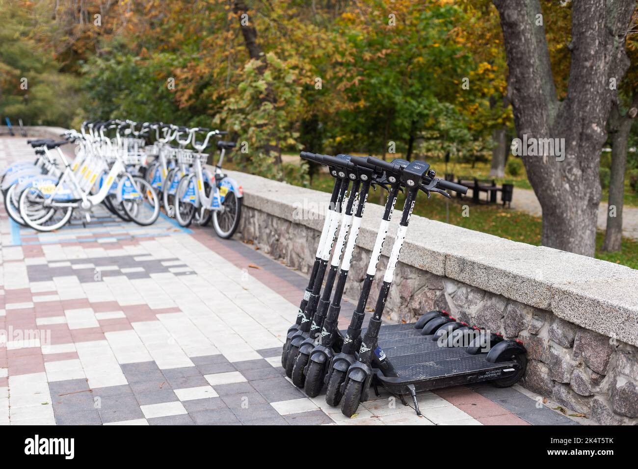 Kyiv, Ukraine - October 1, 2022: Electric urban transportation: the row ...