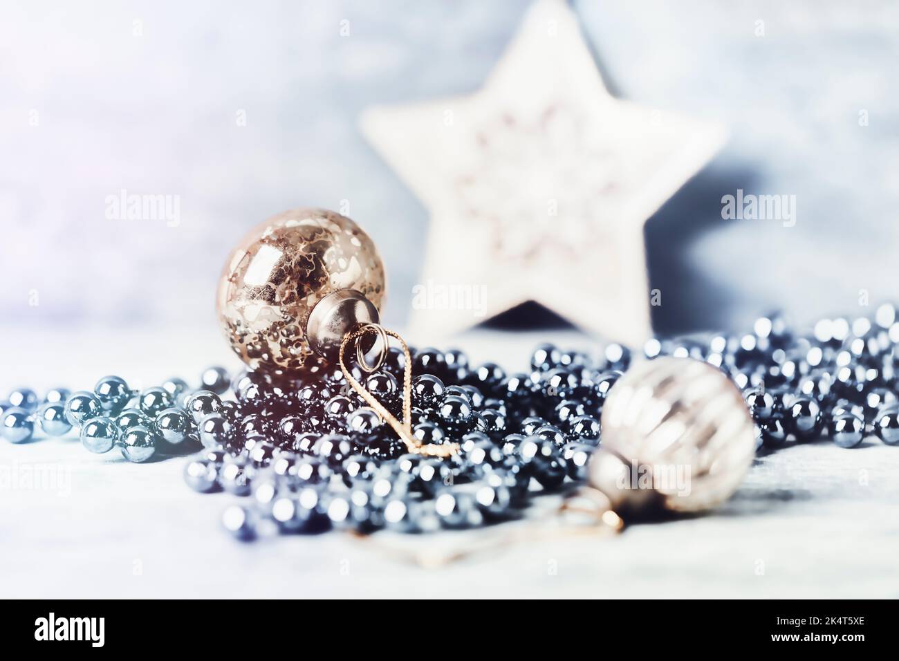 Christmas decoration. Bright wooden background. Selective and soft ...