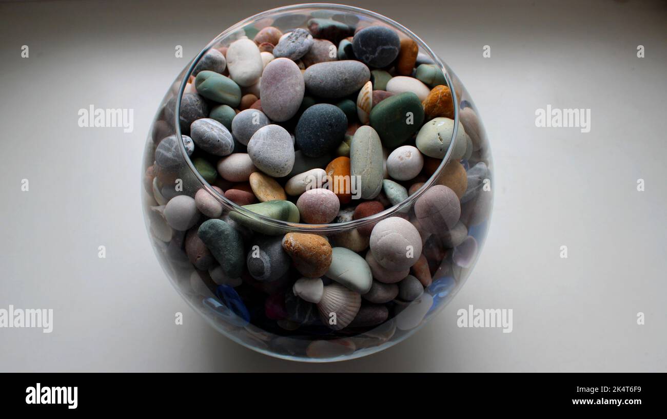 Fishbowl with colored sea pebblestones and seashells on white ...