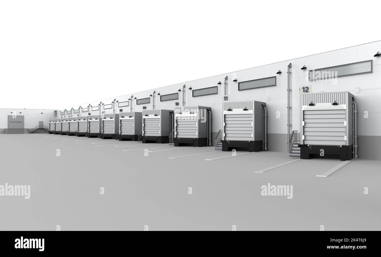 3d rendering warehouse exterior with shutter doors and truck parking ...