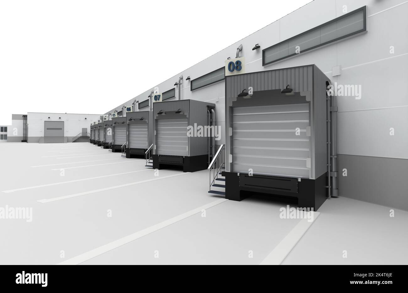 3d rendering warehouse exterior with shutter doors and truck parking ...