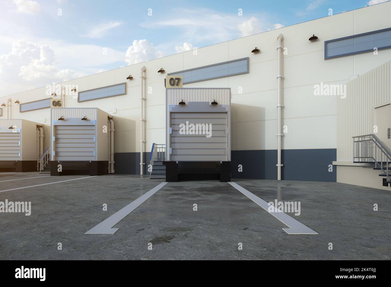 3d rendering warehouse exterior with shutter doors and truck parking ...